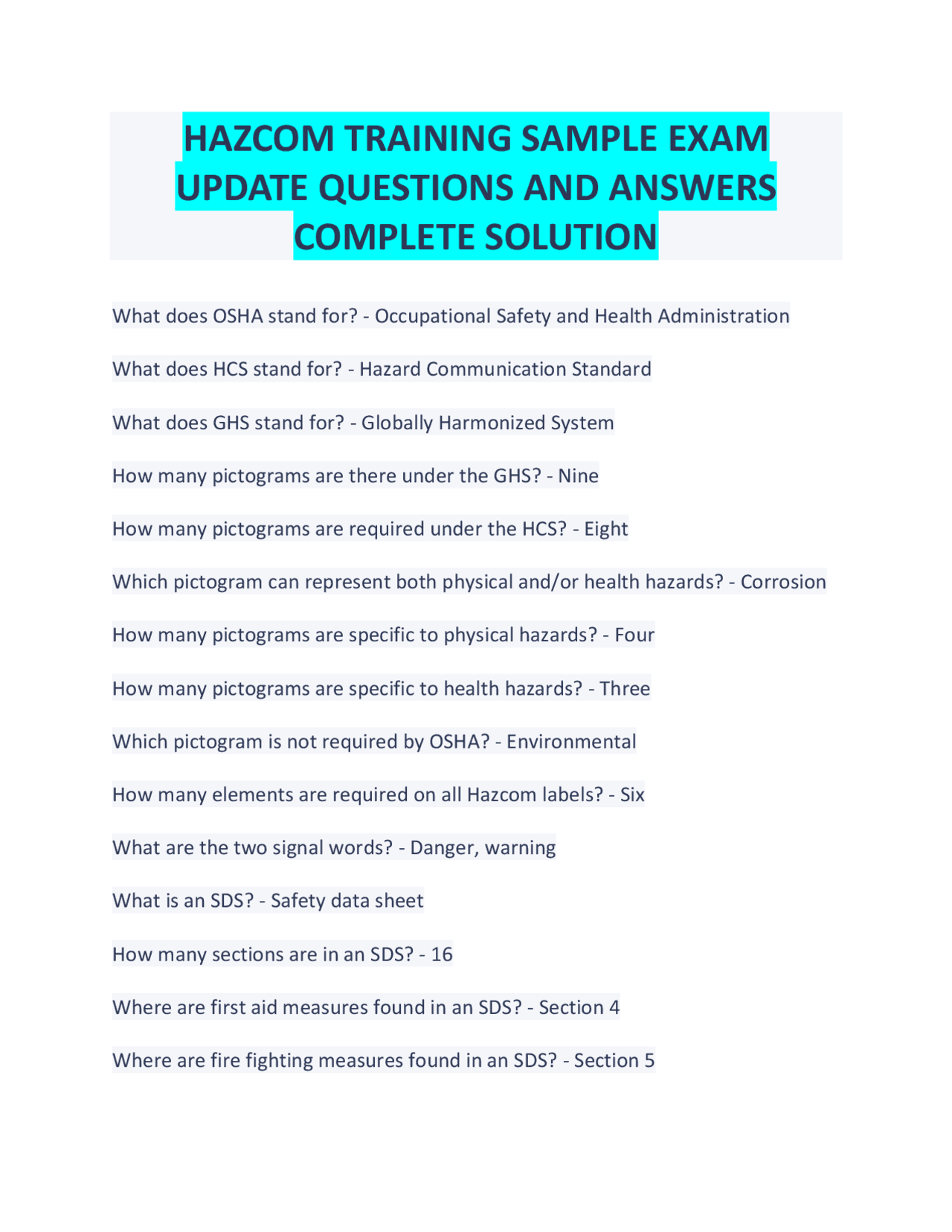 HAZCOM Training Sample Exam | Exams Advanced Education | Docsity