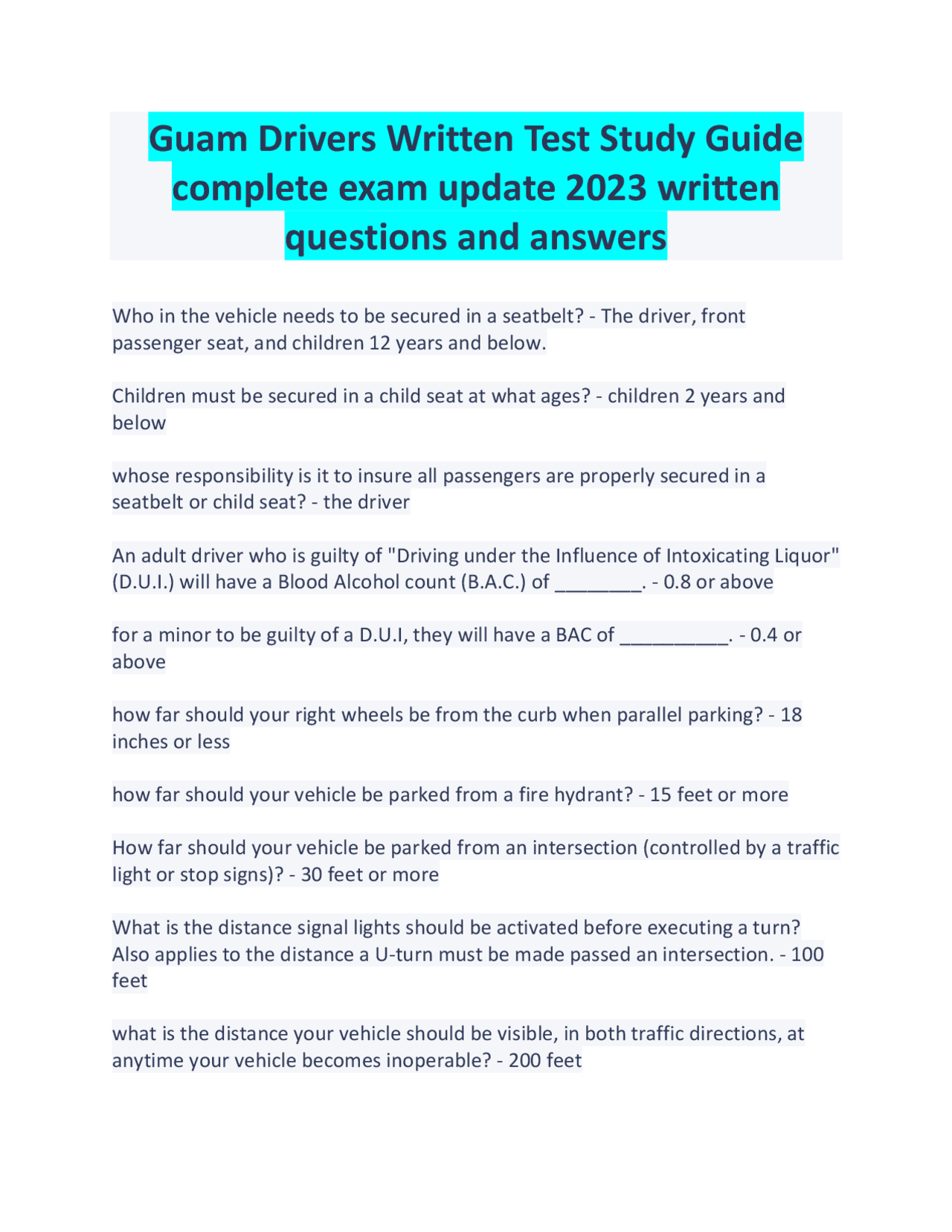 Guam Drivers Written Test Study Guide | Exams Advanced Education | Docsity