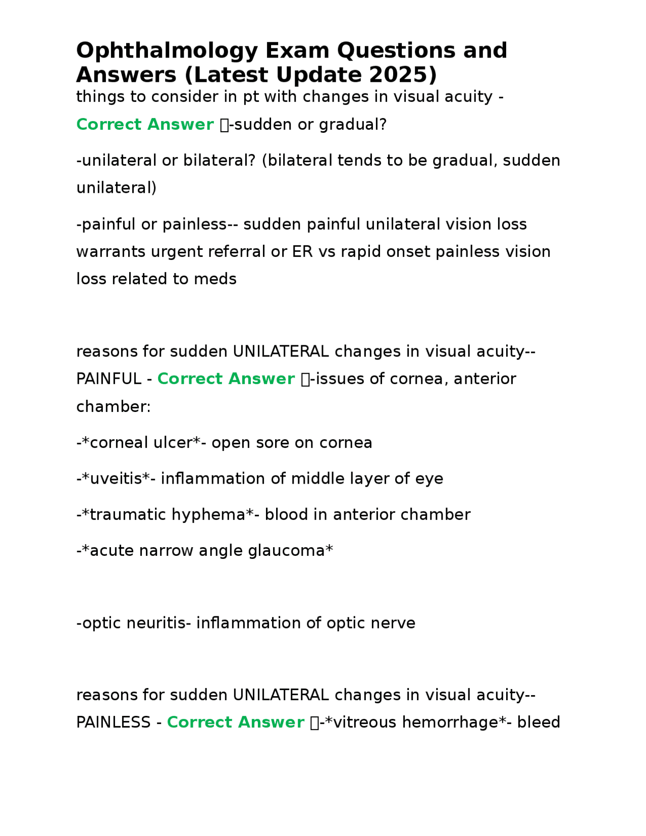 Ophthalmology Exam Questions and Answers | Exams Nursing | Docsity