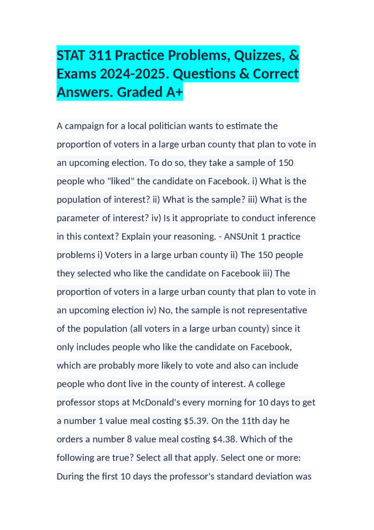 STAT 311 Practice Problems, Quizzes, & Exams 2024-25. Questions & Correct Answers.Grade A ...