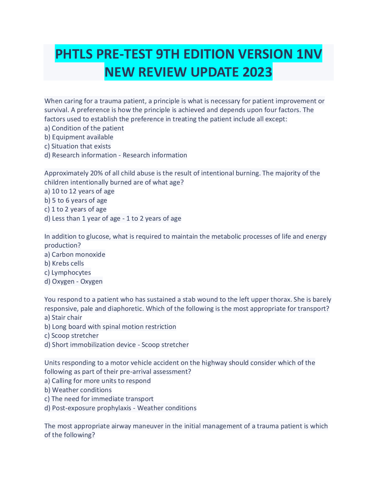 PHTLS PRE-TEST 9TH EDITION VERSION 1NV NEW REVIEW UPDATE 2024 | Exams ...