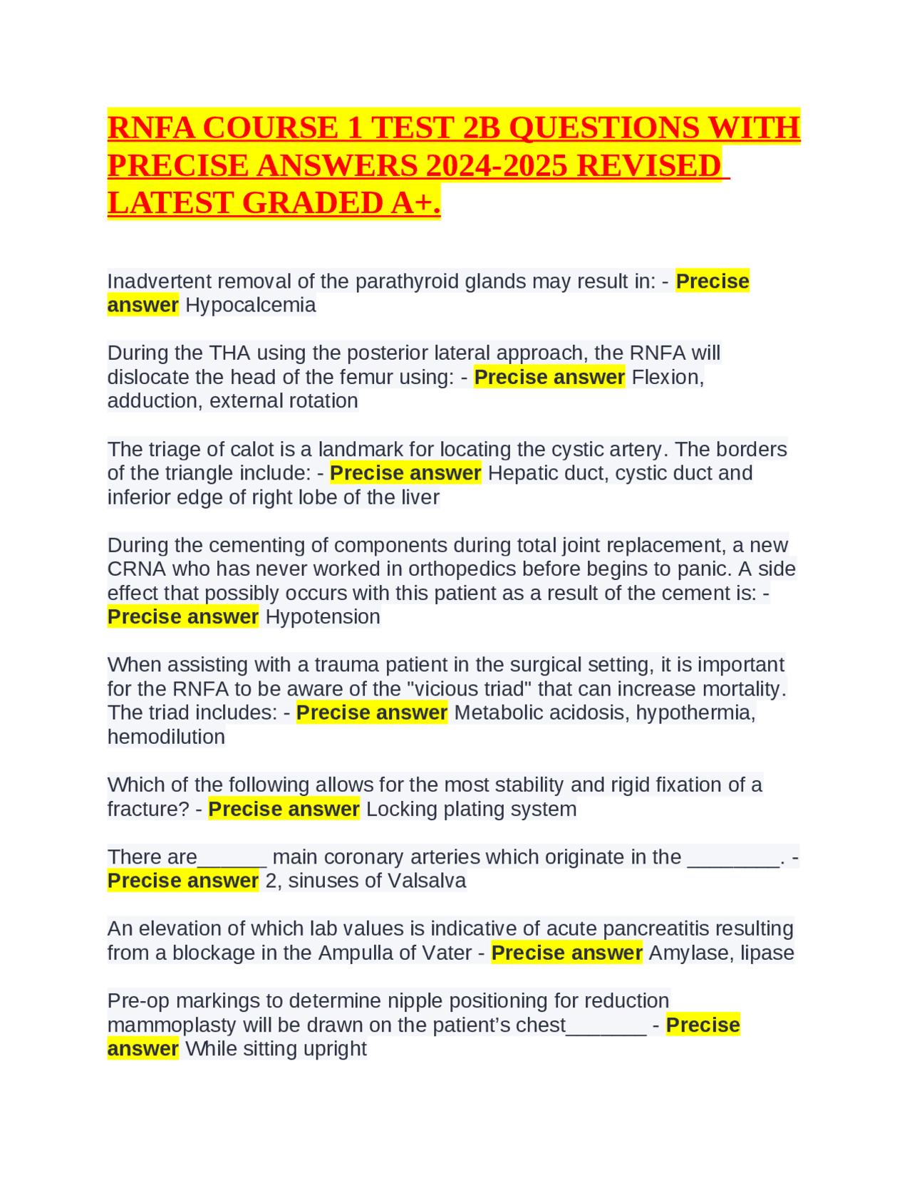 RNFA COURSE 1 TEST 2B QUESTIONS WITH PRECISE ANSWERS 2024-2025 REVISED ...