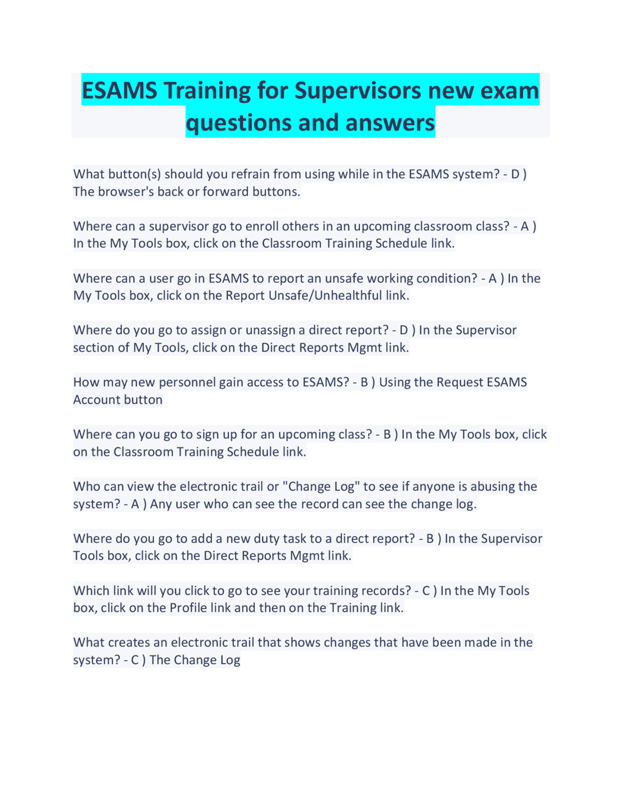 ESAMS Training for Supervisors new exam questions and answers | Exams ...