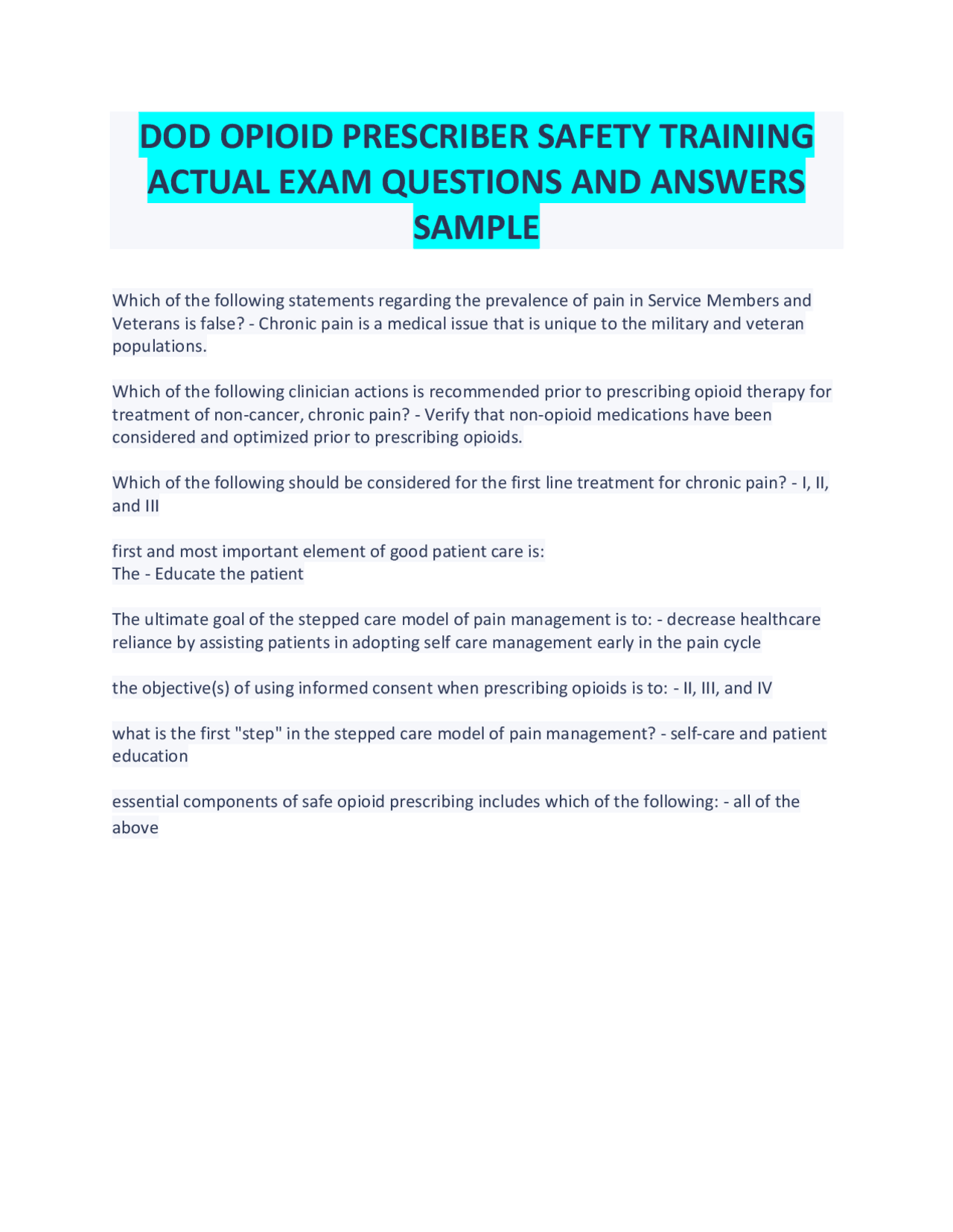 DOD Opioid Prescriber Safety Training Exam Questions and Answers ...