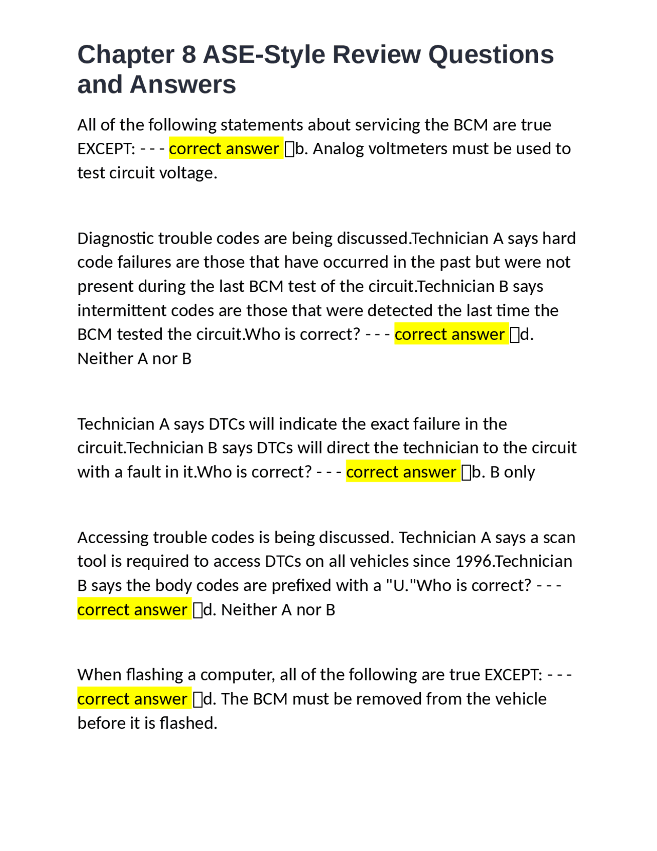 Chapter 8 ASE-Style Review Questions and Answers | Exams Electrical ...