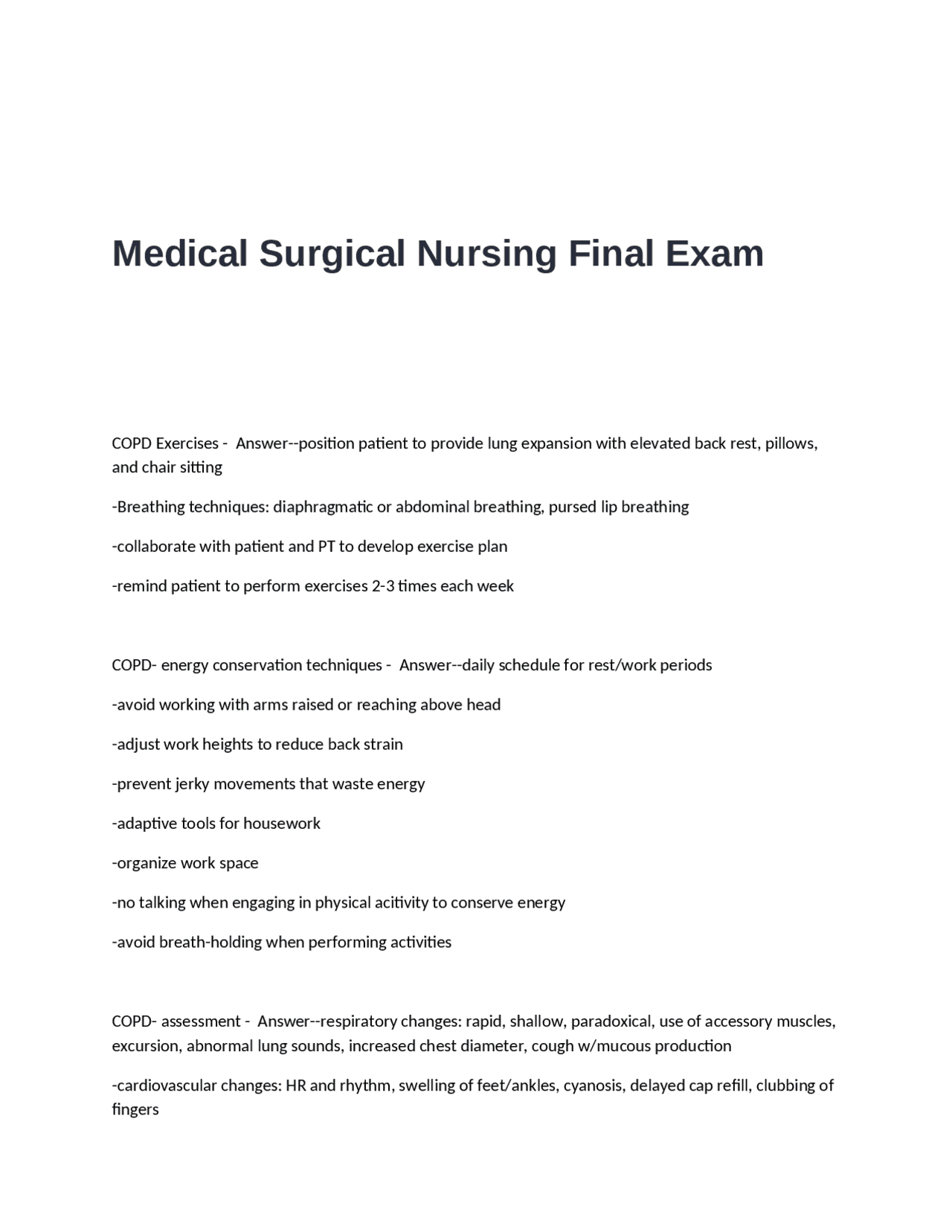 Medical Surgical Nursing Final Exam | Exams Nursing | Docsity