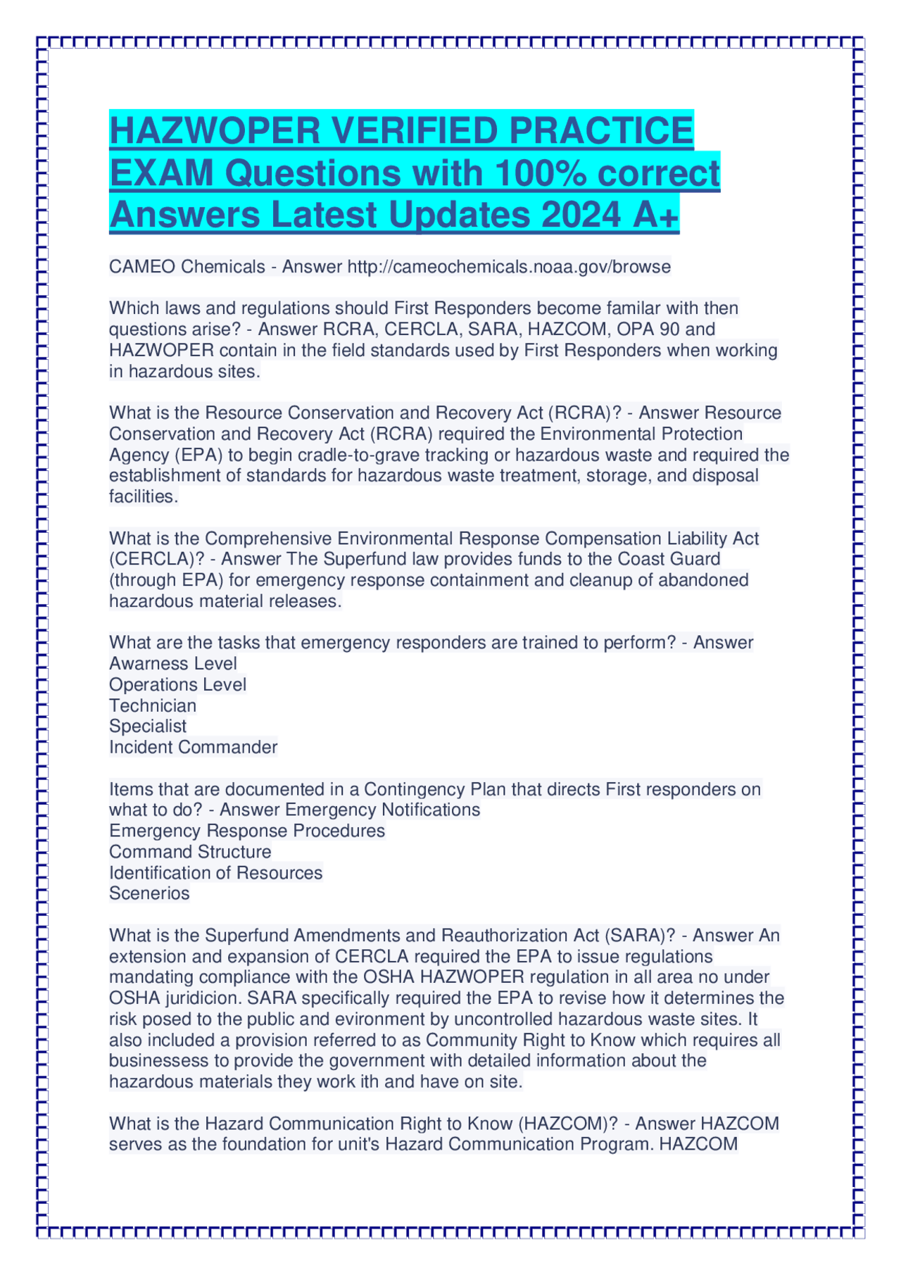 HAZWOPER VERIFIED PRACTICE EXAM Questions with 100% correct Answers ...