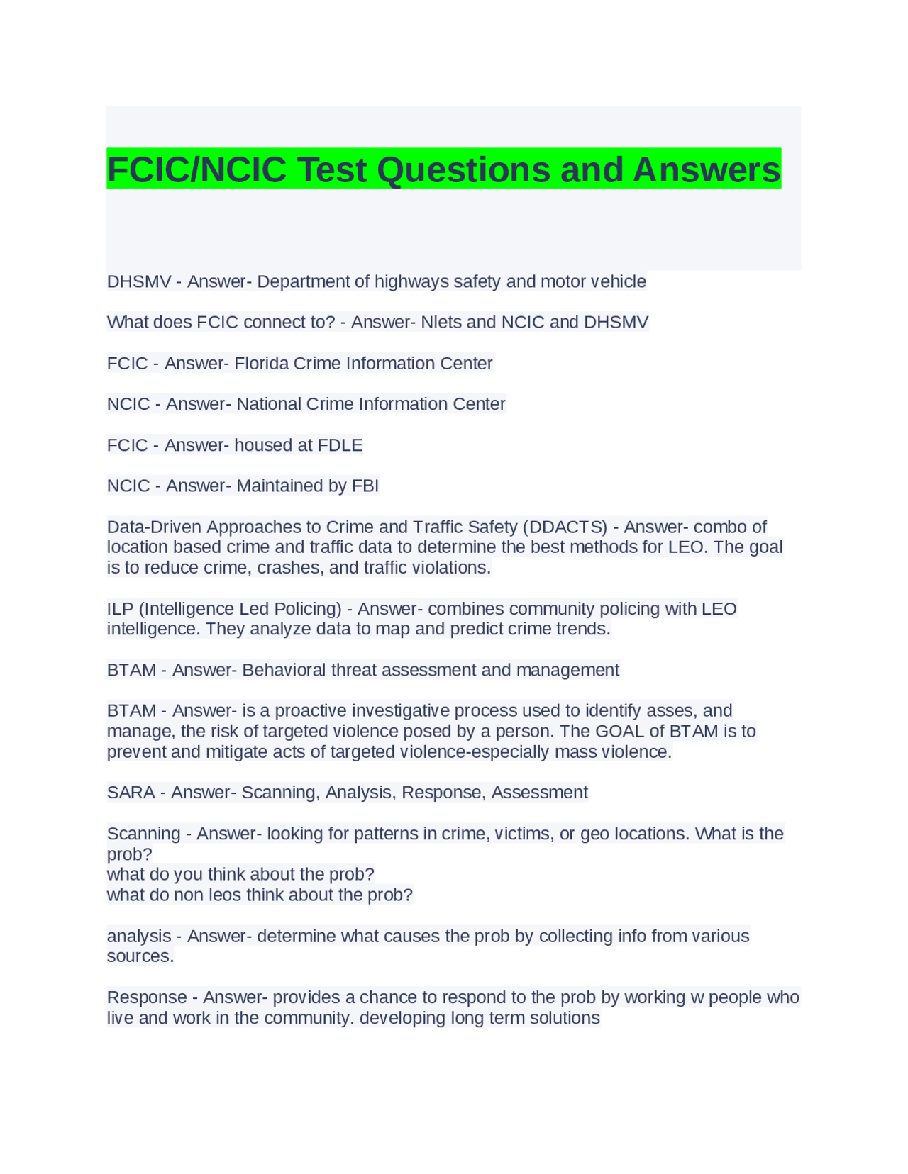 FCIC/NCIC Test Questions and Answers | Exams Advanced Education | Docsity