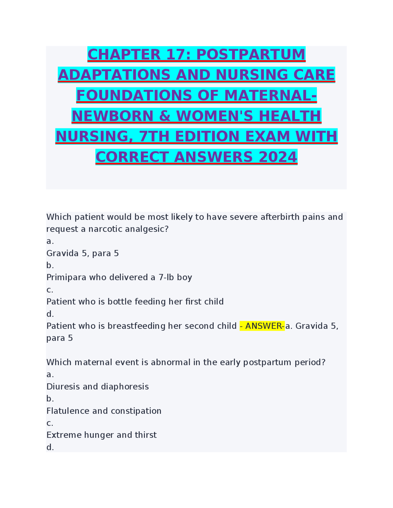 CHAPTER 17: POSTPARTUM ADAPTATIONS AND NURSING CARE FOUNDATIONS OF ...