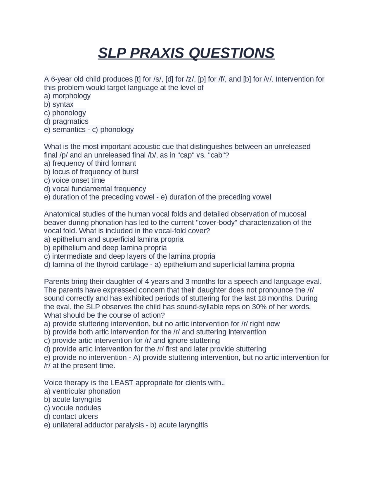 SLP PRAXIS QUESTIONS STUDY GUIDE | Exams Advanced Education | Docsity