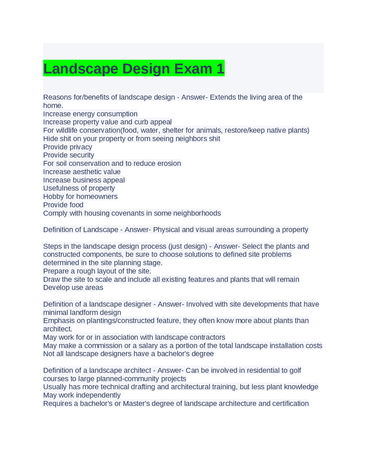 Landscape Design Exam 1 | Exams Advanced Education | Docsity