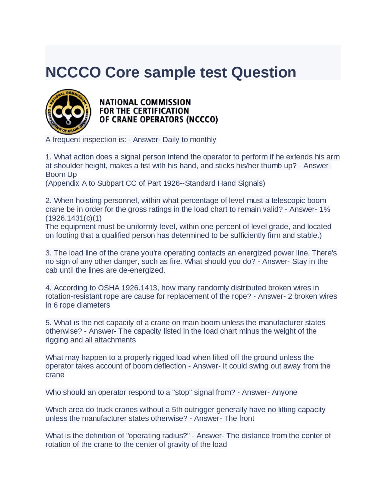 NCCCO Core sample test Questions and Answers | Exams Advanced Education ...