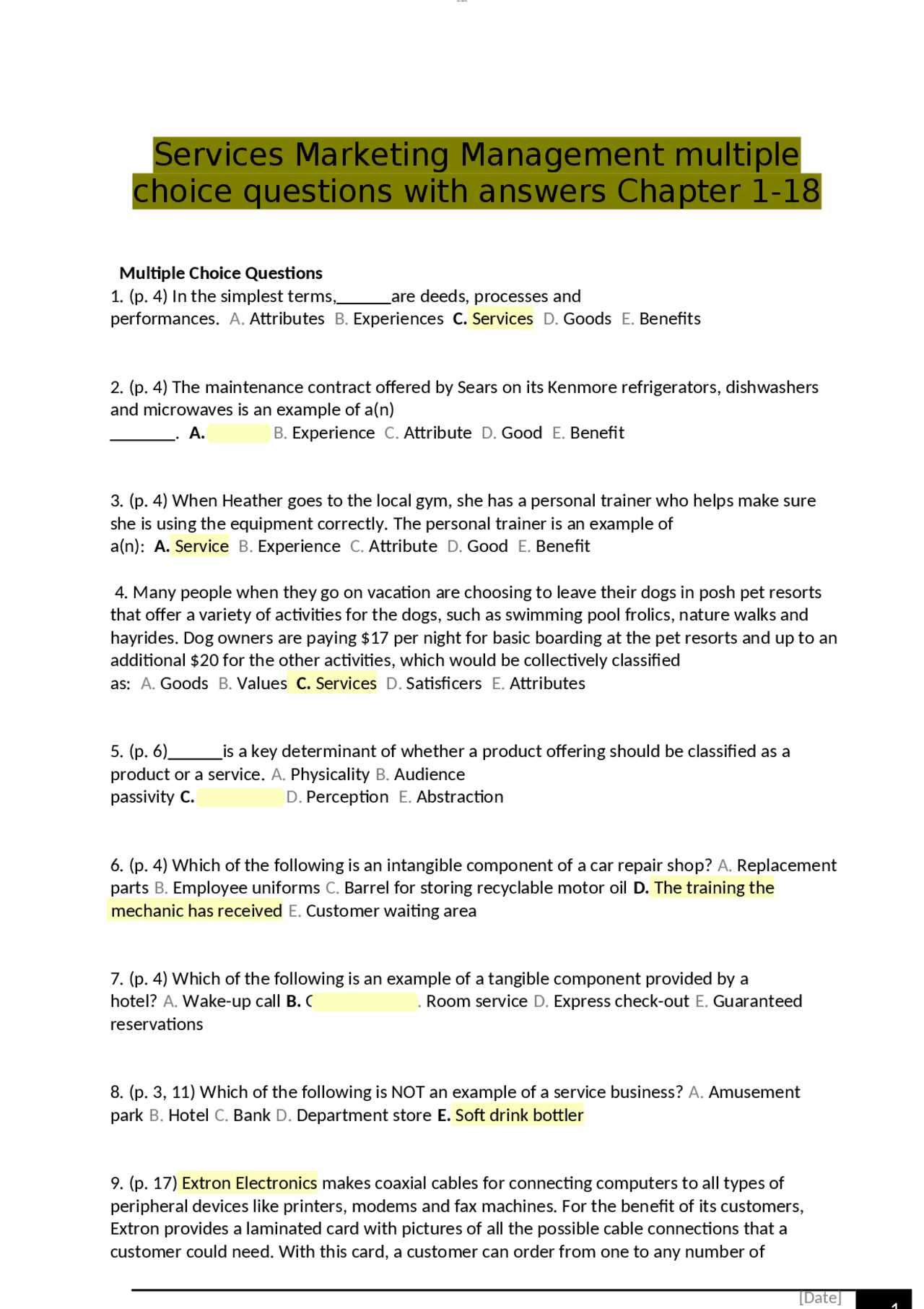 Services Marketing Management multiple choice questions with answers ...