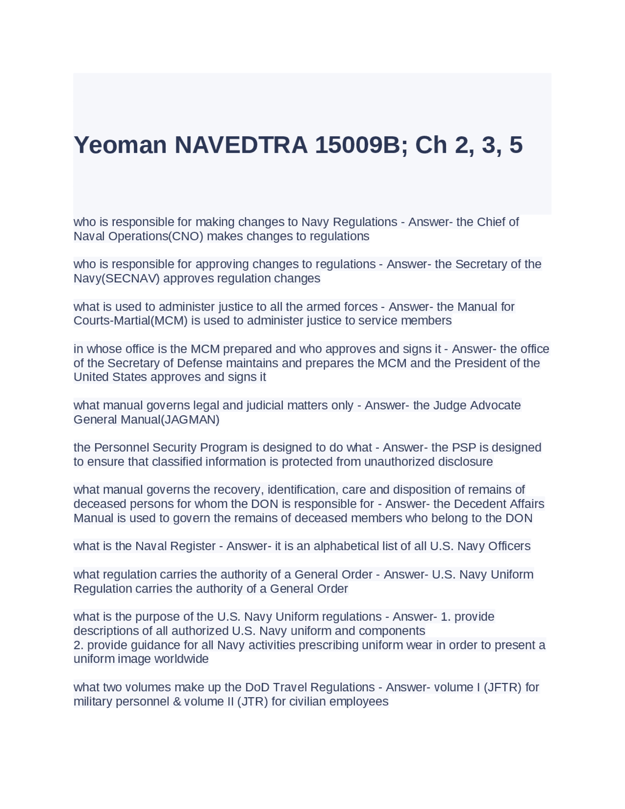 Navy Regulations and Manuals | Exams Advanced Education | Docsity