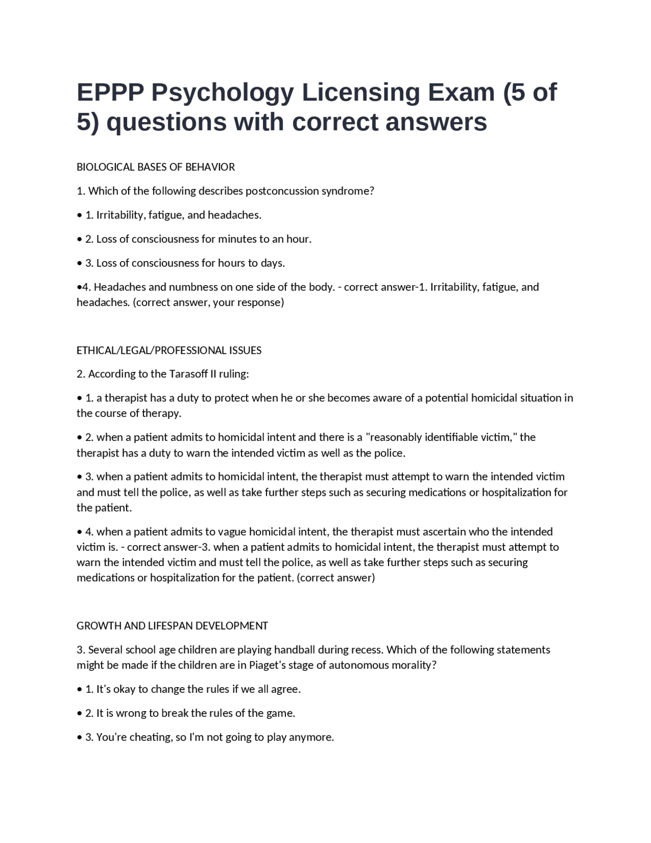 EPPP Psychology Licensing Exam (5 of 5) questions with correct answers ...