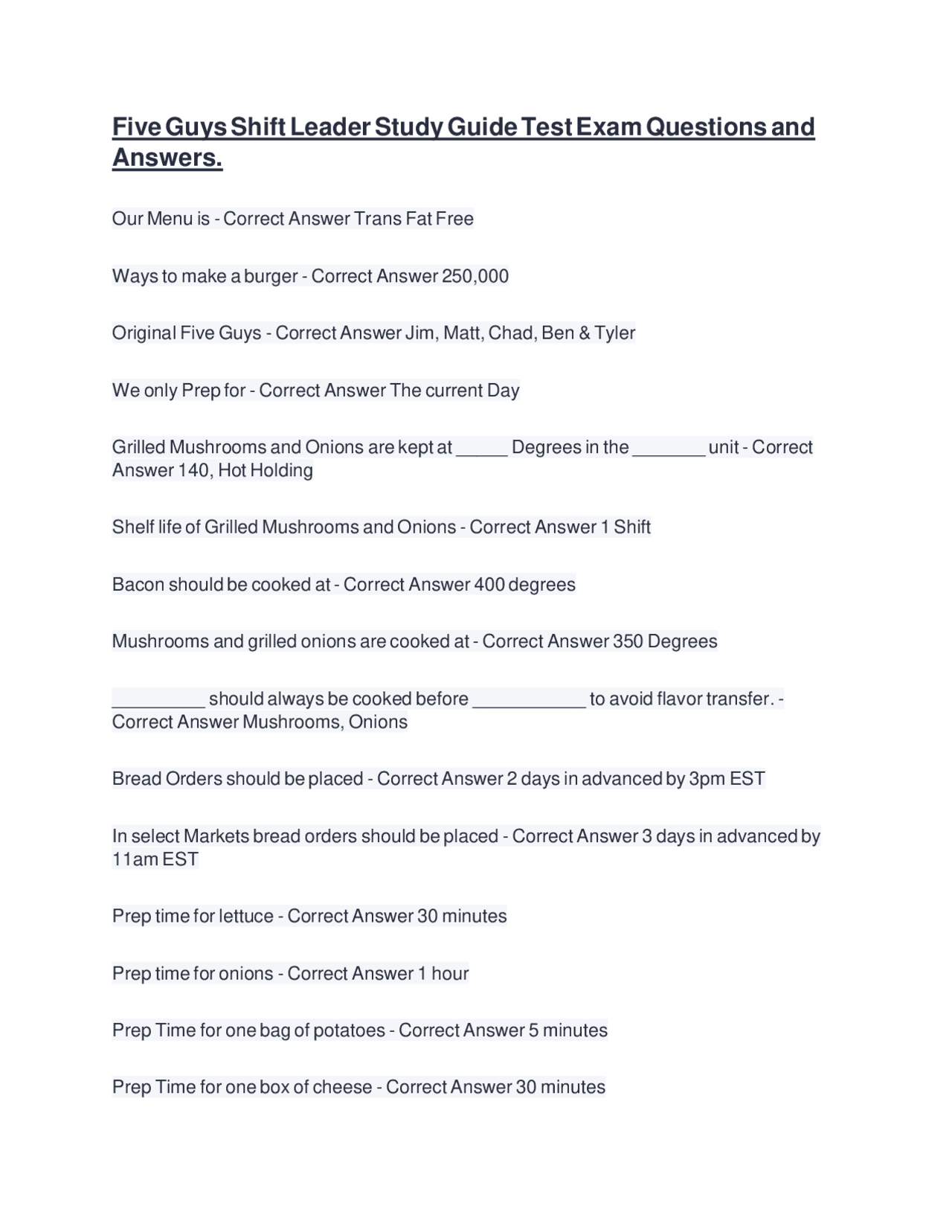 Five Guys Shift Leader Study Guide Test Exam Questions and Answers ...