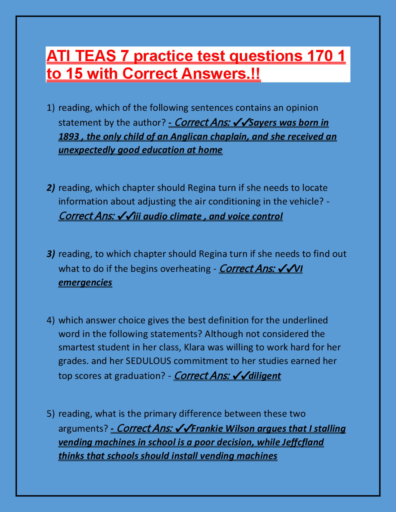 ATI TEAS 7 practice test questions 170 1 to 15 with Correct Answers ...