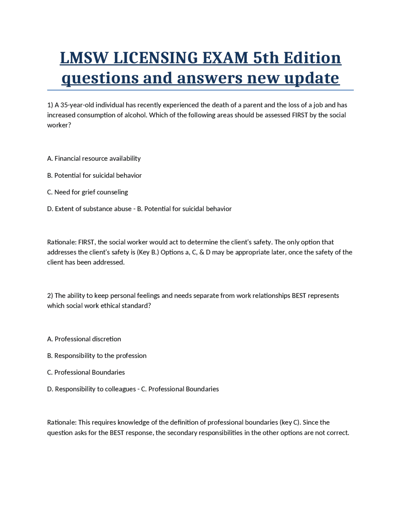 LMSW LICENSING EXAM 5th Edition questions and answers new update ...
