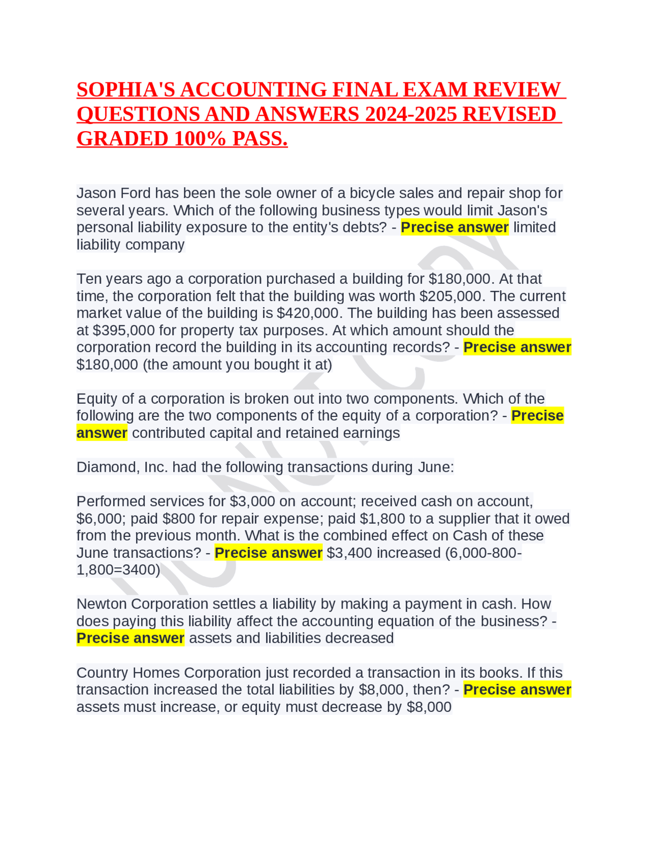 SOPHIA'S ACCOUNTING FINAL EXAM REVIEW QUESTIONS AND ANSWERS 2024-2025 ...