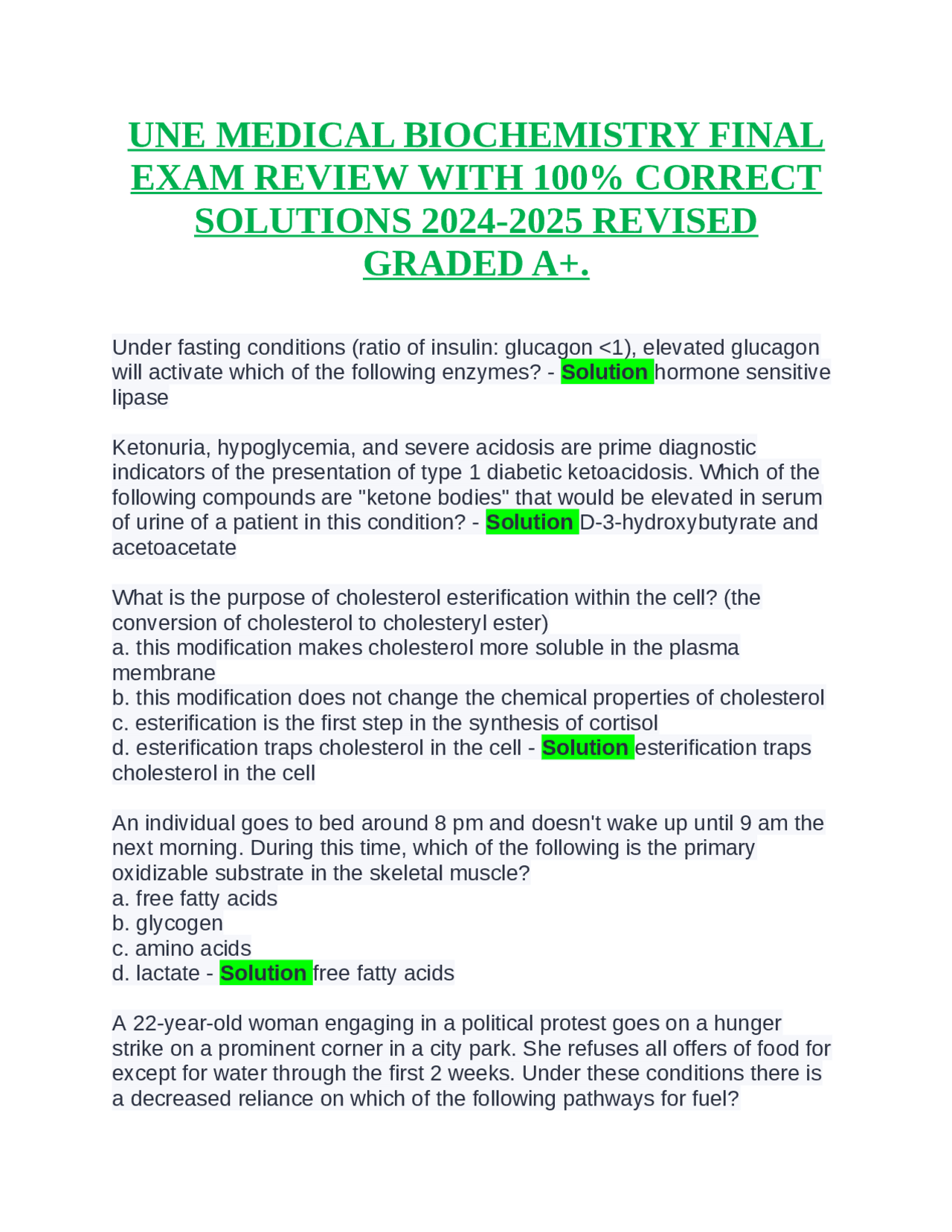 UNE MEDICAL BIOCHEMISTRY FINAL EXAM REVIEW WITH 100% CORRECT SOLUTIONS ...