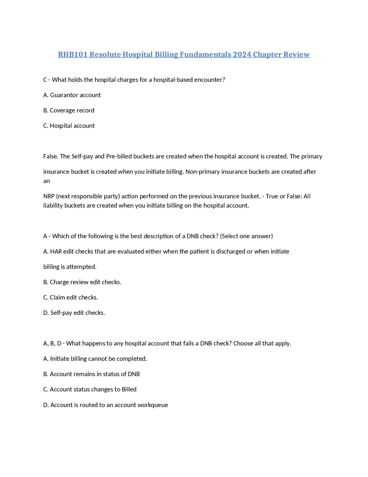 RHB101 Resolute Hospital Billing Fundamentals 2024 Chapter Review | Exams Advanced Education ...