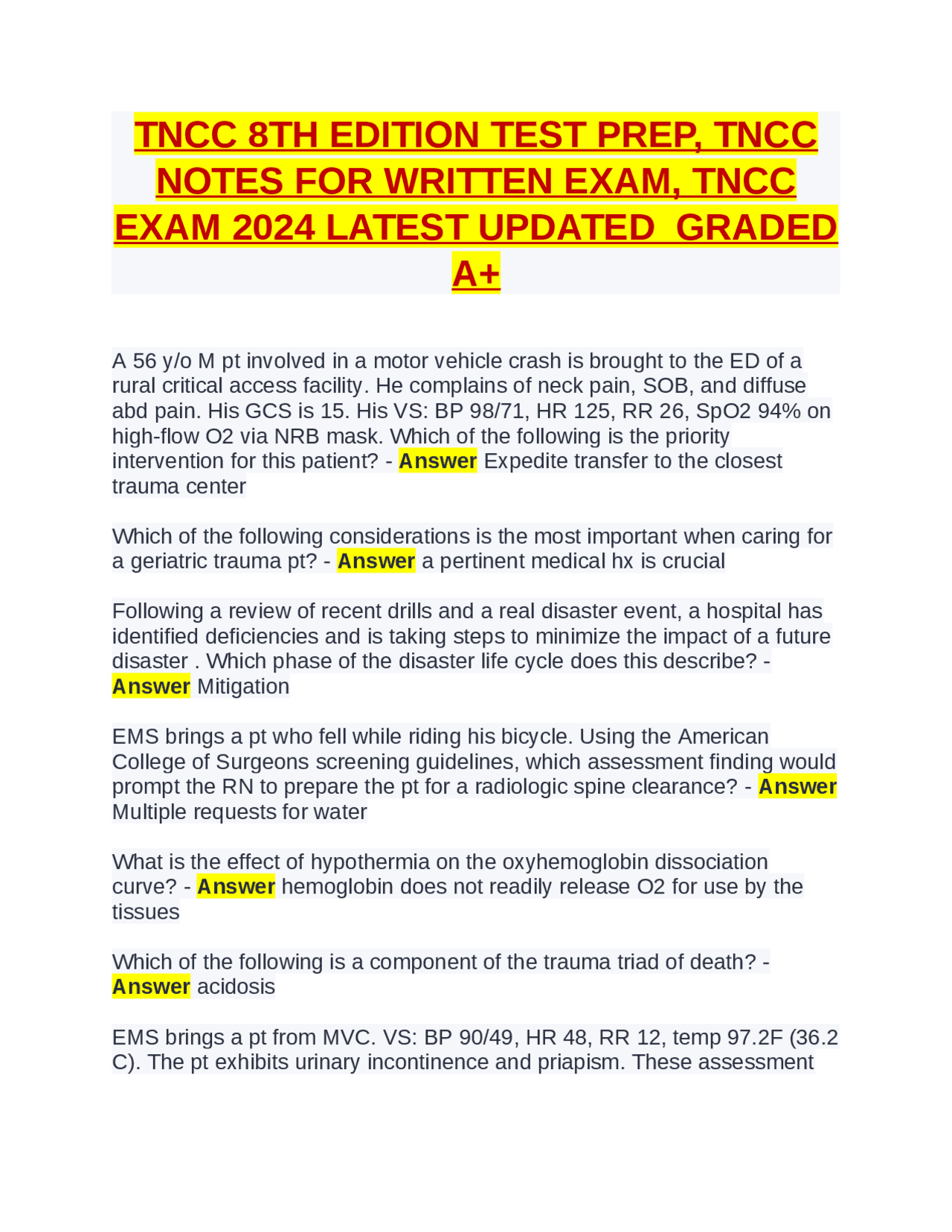 TNCC 8TH EDITION TEST PREP, TNCC NOTES FOR WRITTEN EXAM, TNCC EXAM 2024 ...
