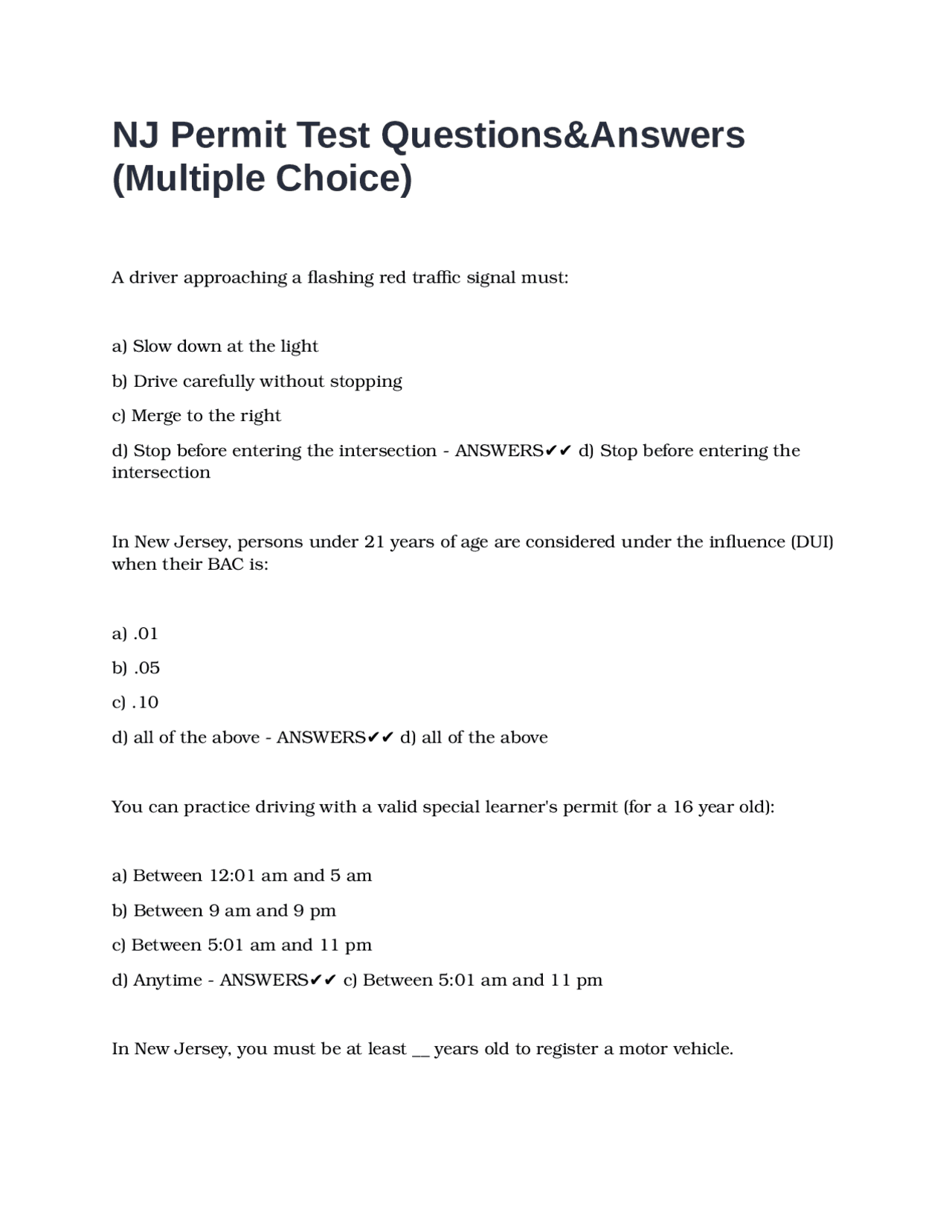 NJ Permit Test Questions&Answers (Multiple Choice) | Exams European ...