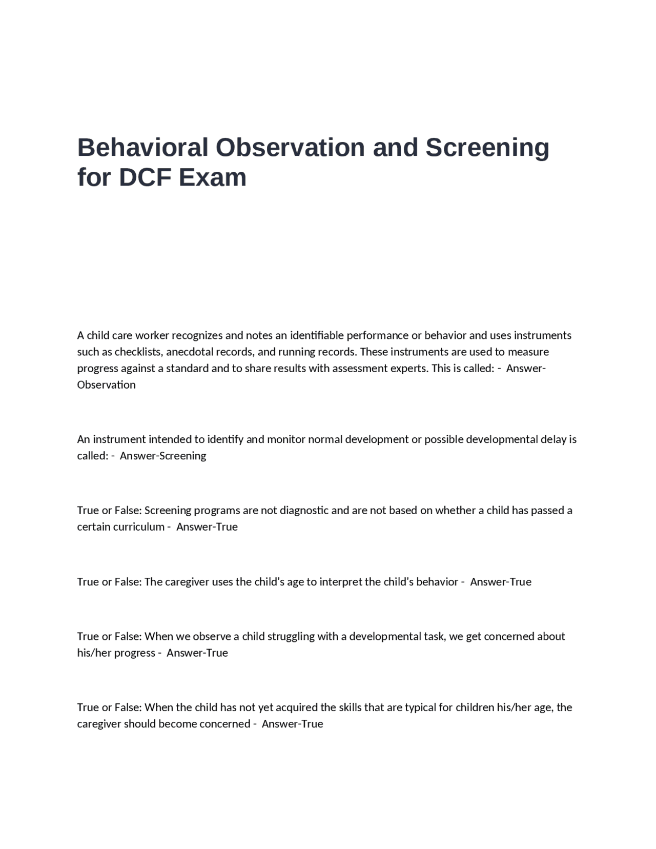 Behavioral Observation and Screening for DCF Exam Questions and Answers ...