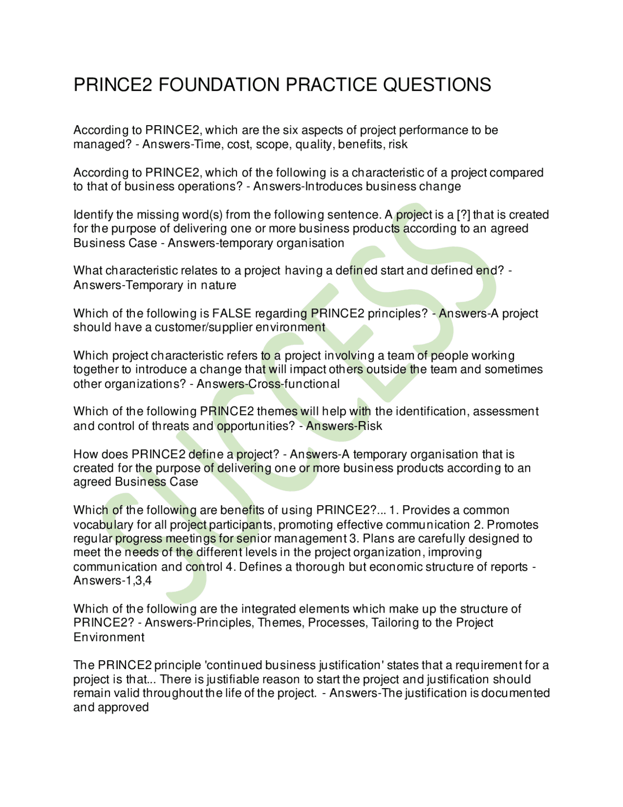 PRINCE2 Foundation Practice Questions | Exams Social Sciences | Docsity