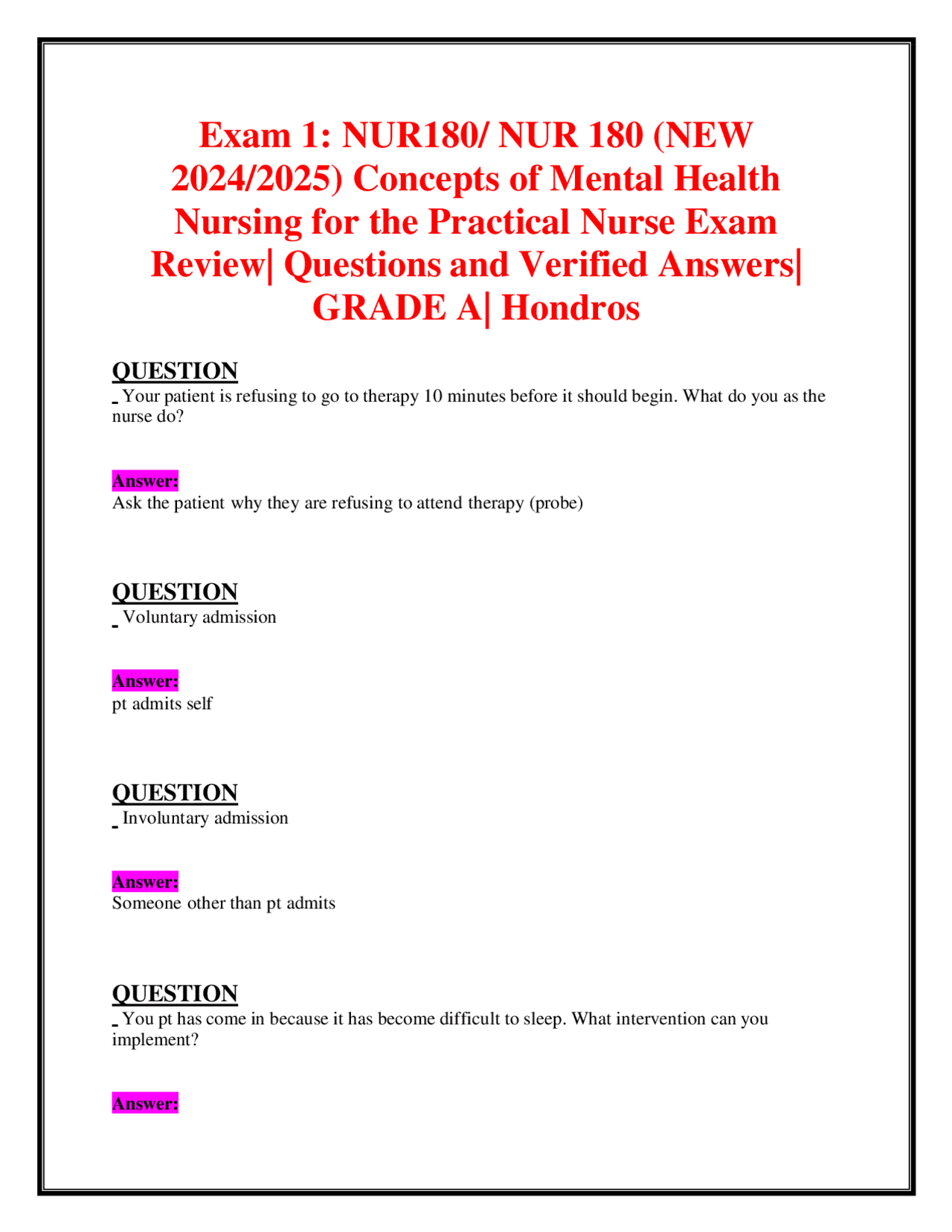 Mental Health Nursing Concepts and Practices | Exams Nursing | Docsity