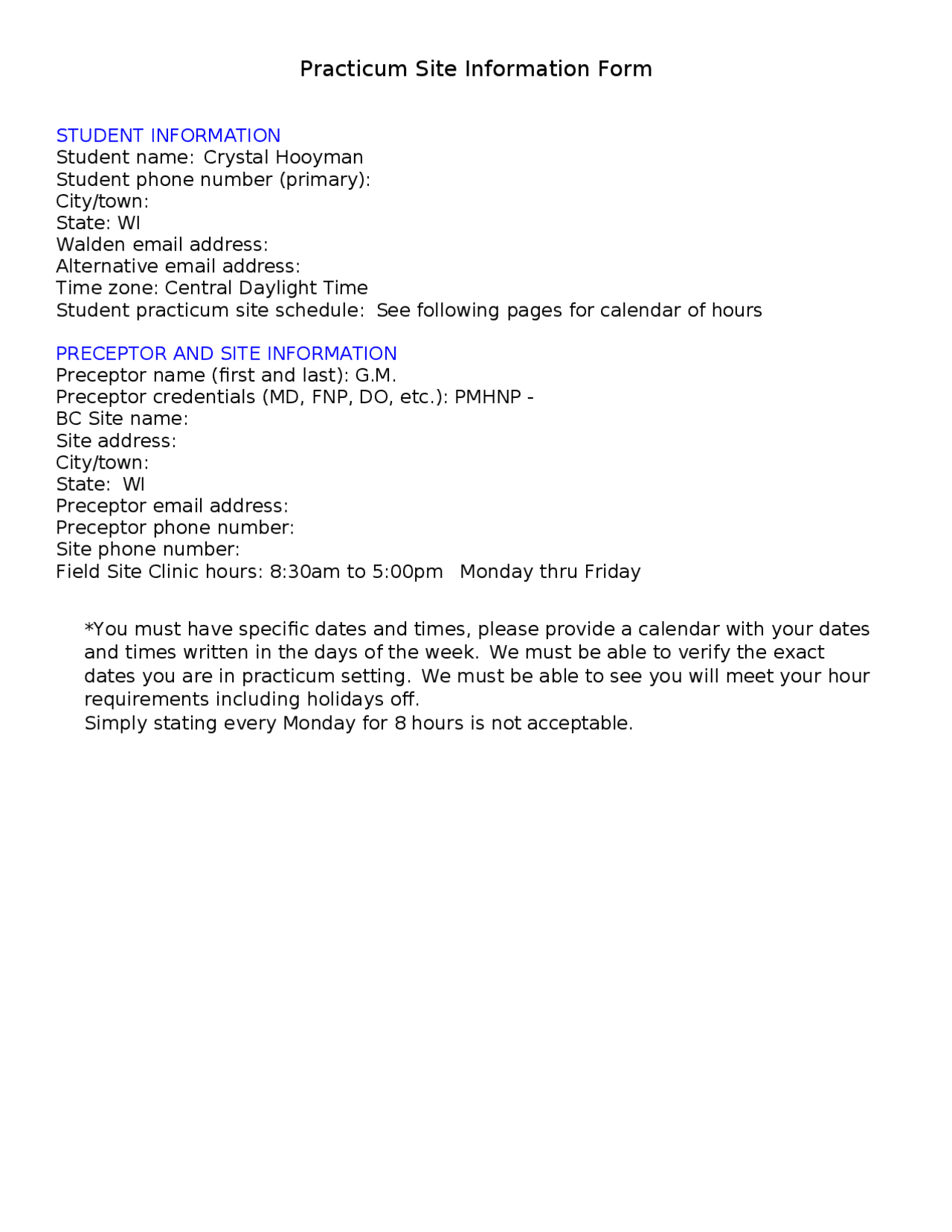 Practicum Site Information Form | Assignments Nursing | Docsity