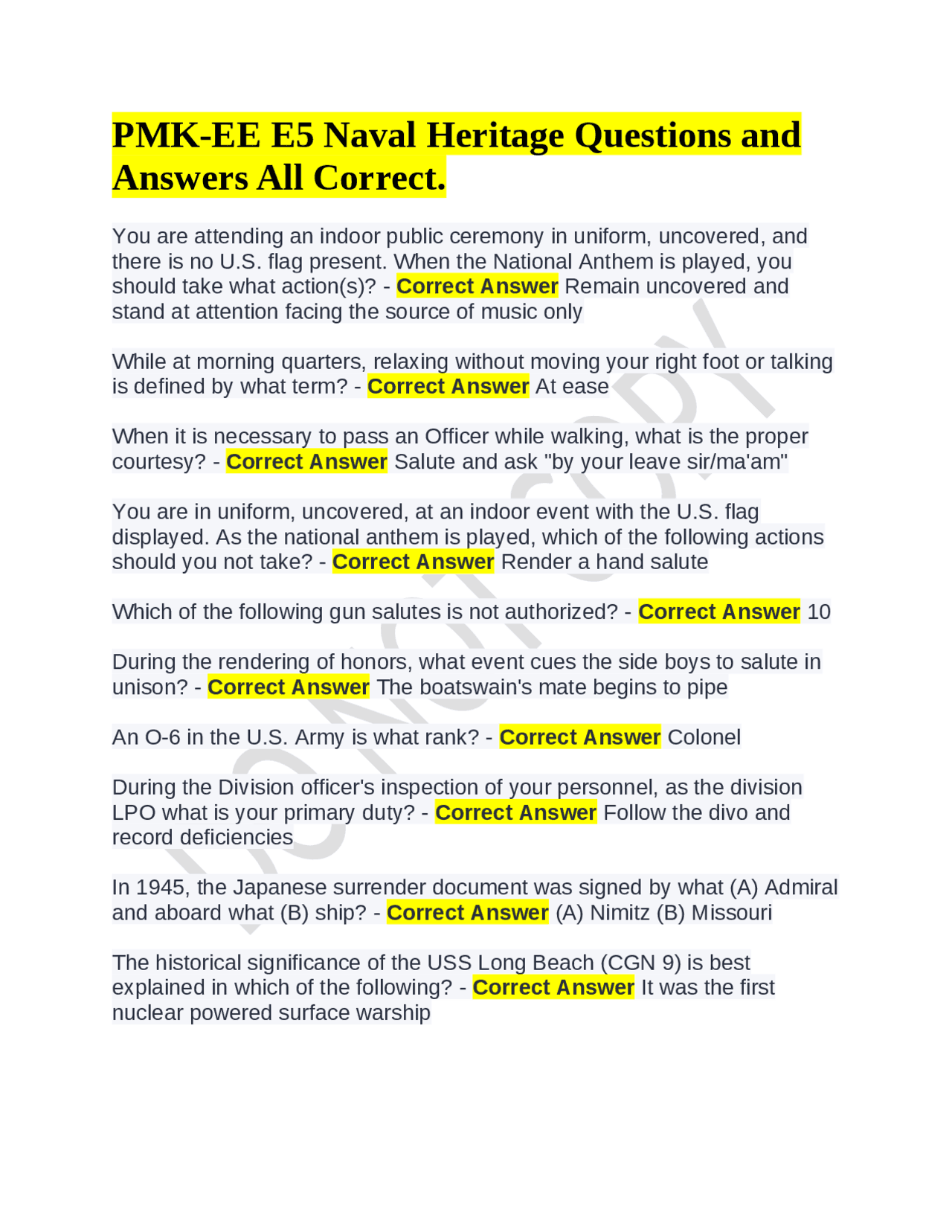 PMK-EE E5 Naval Heritage Questions and Answers All Correct. | Exams ...