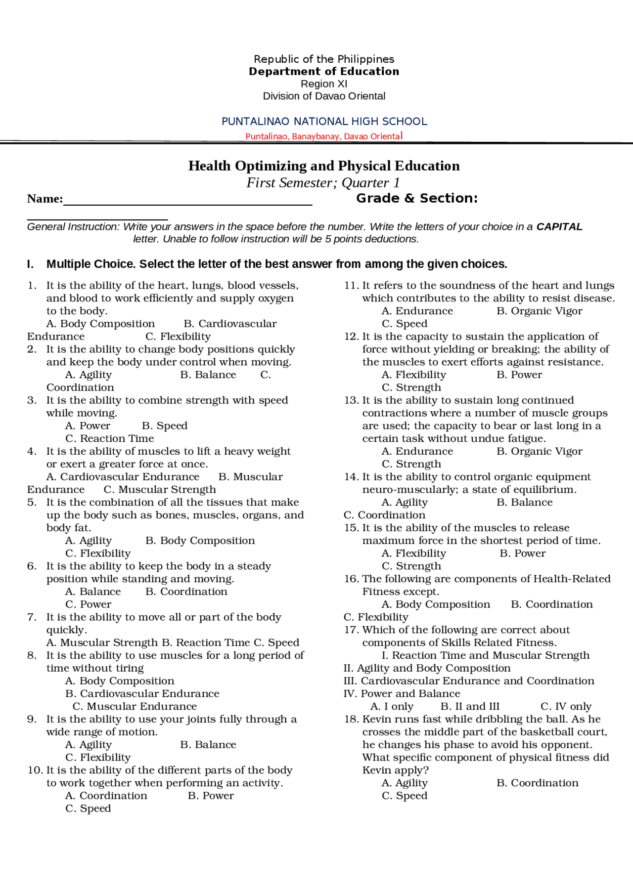 Shs Physical Education Exam | Study notes Physical education | Docsity