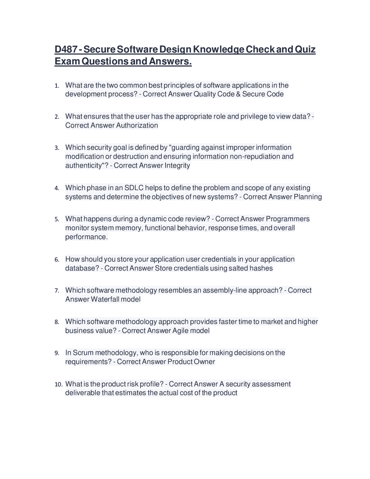 D487 - Secure Software Design Knowledge Check and Quiz Exam Questions and Answers. | Exams ...