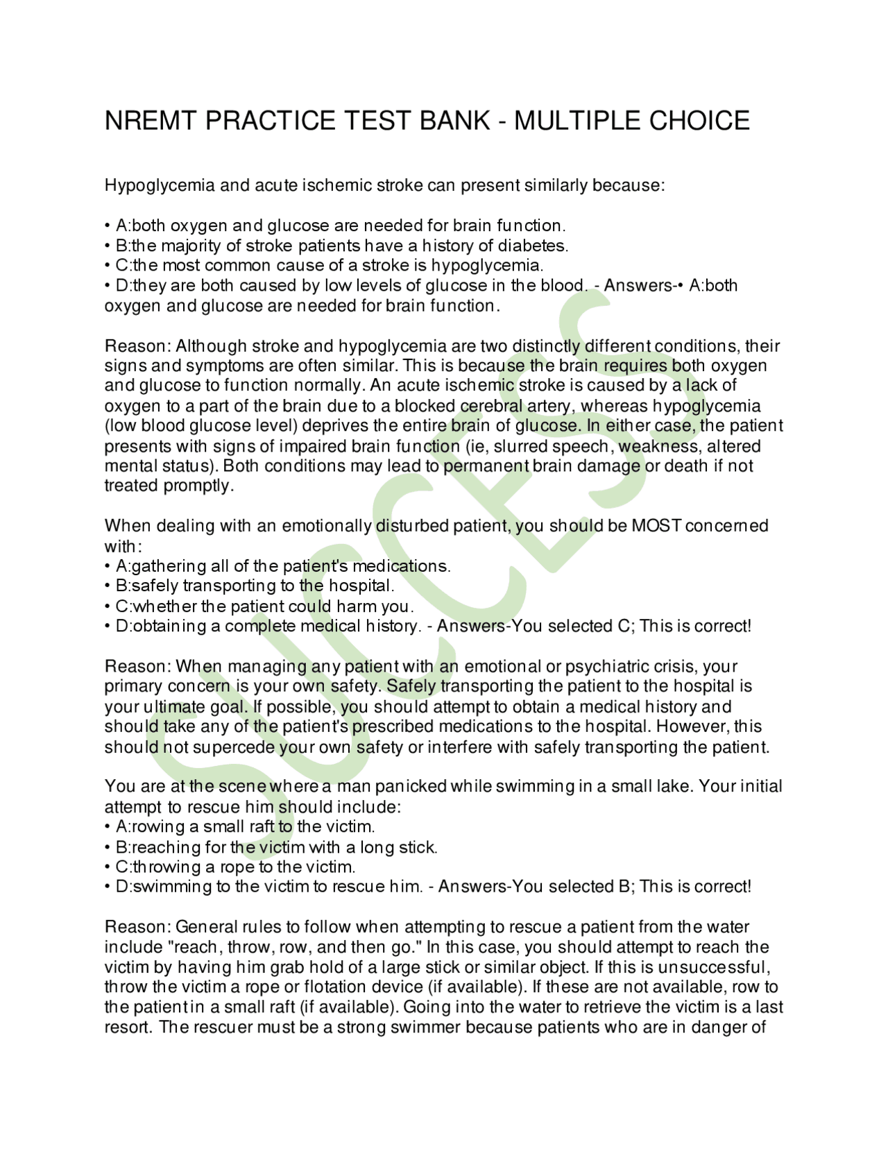 NREMT PRACTICE TEST BANK - MULTIPLE CHOICE | Exams Nursing | Docsity