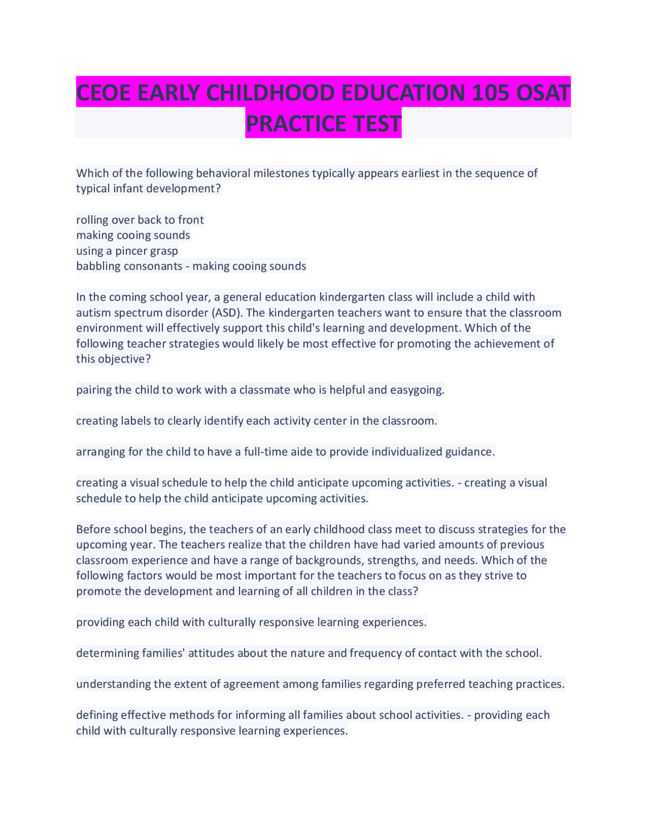 CEOE EARLY CHILDHOOD EDUCATION 105 OSAT PRACTICE TEST COMPLETE UPDATE ...