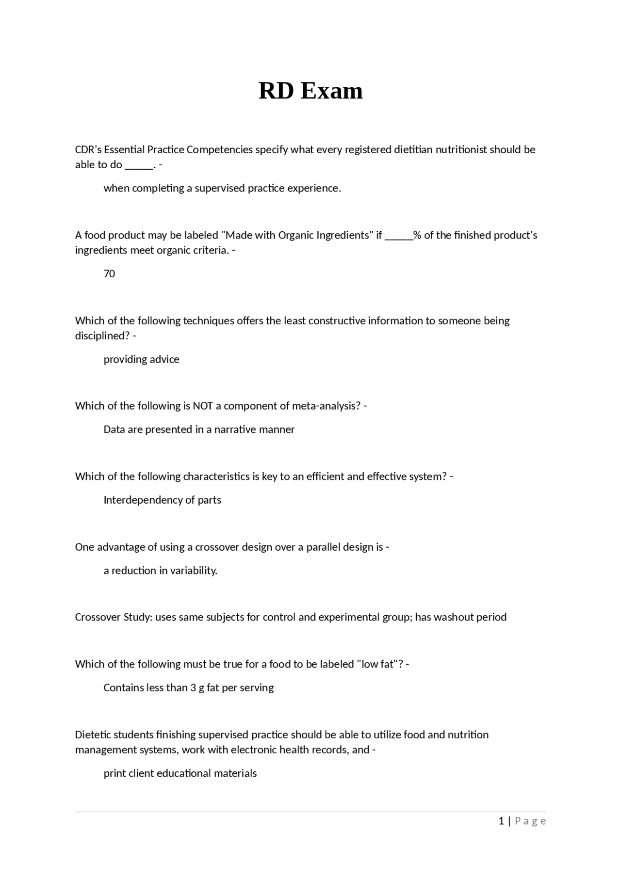 Food Service and Nutrition Management | Exams Medicine | Docsity