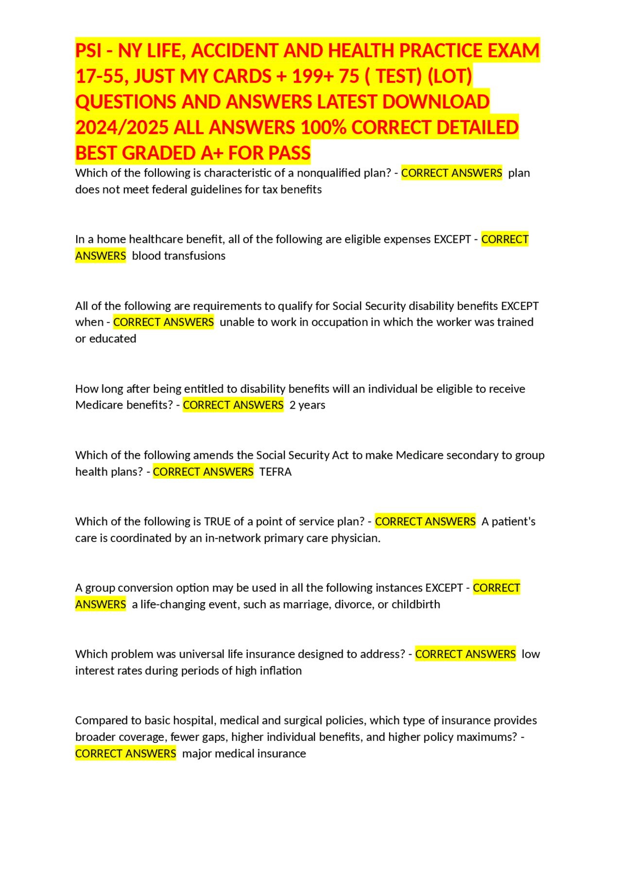 PSI - NY LIFE, ACCIDENT AND HEALTH PRACTICE EXAM 17-55, JUST MY CARDS ...