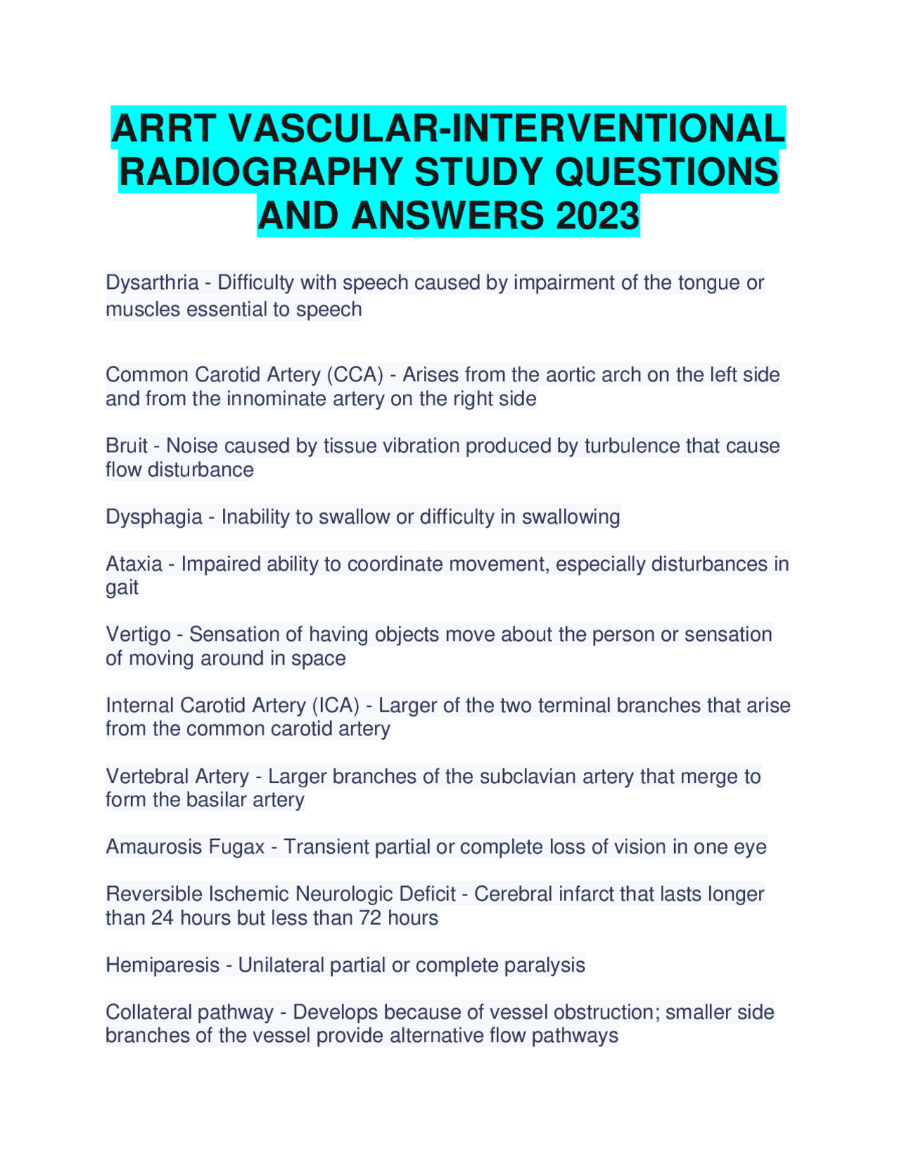 ARRT VASCULAR-INTERVENTIONAL RADIOGRAPHY STUDY QUESTIONS AND ANSWERS ...