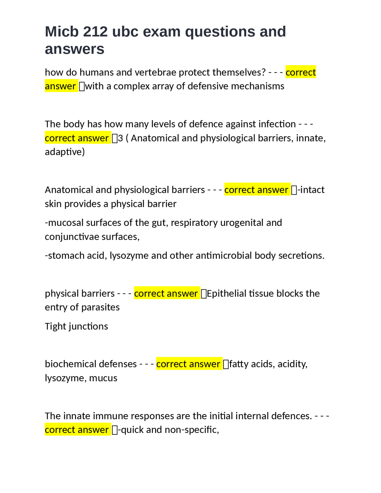 Micb 212 ubc exam questions and answers | Exams Immunology | Docsity