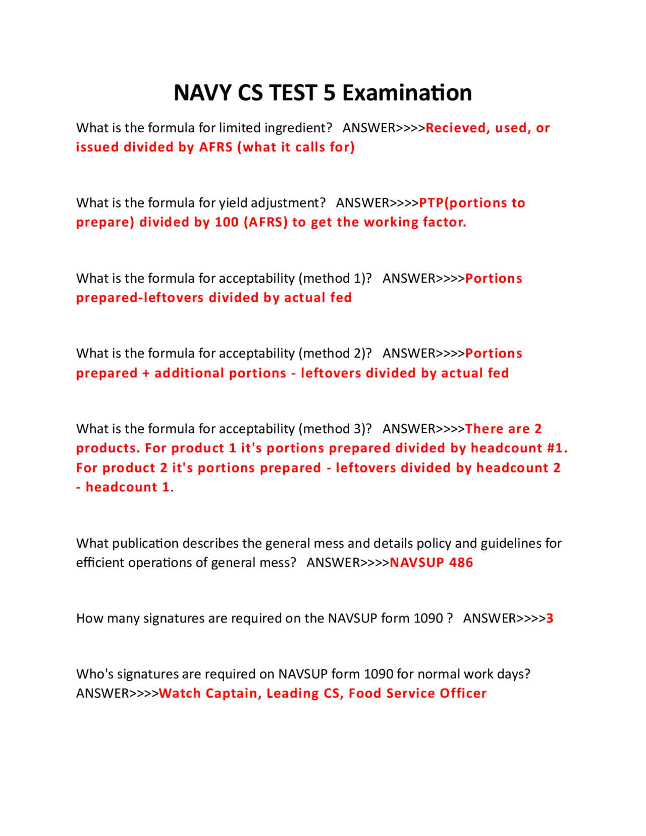 Navy CS Test 5 Examination | Exams Nursing | Docsity