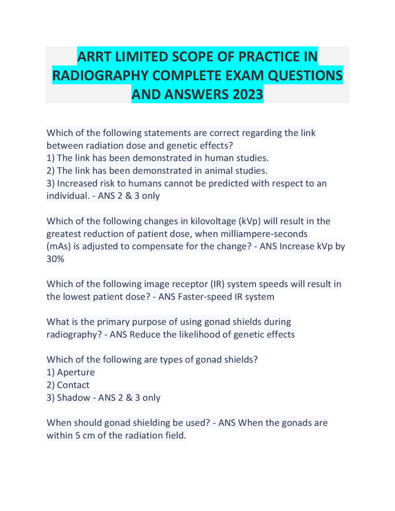 ARRT Limited Scope of Practice in Radiography Exam Questions and ...