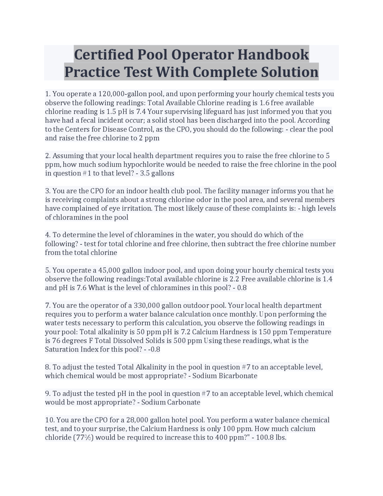Certified Pool Operator Handbook - Practice Test With Complete Solution ...