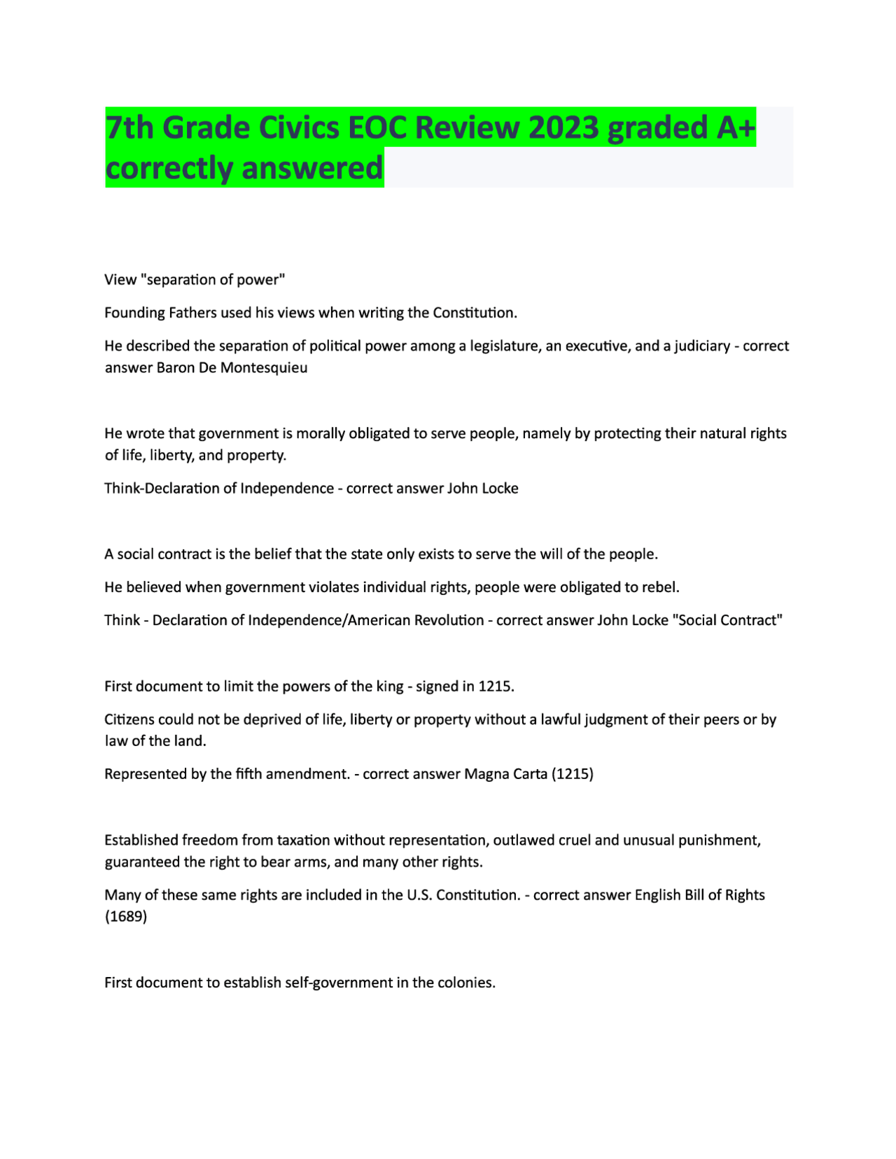 7th Grade Civics EOC Review 2023 graded A+ correctly answered | Exams ...