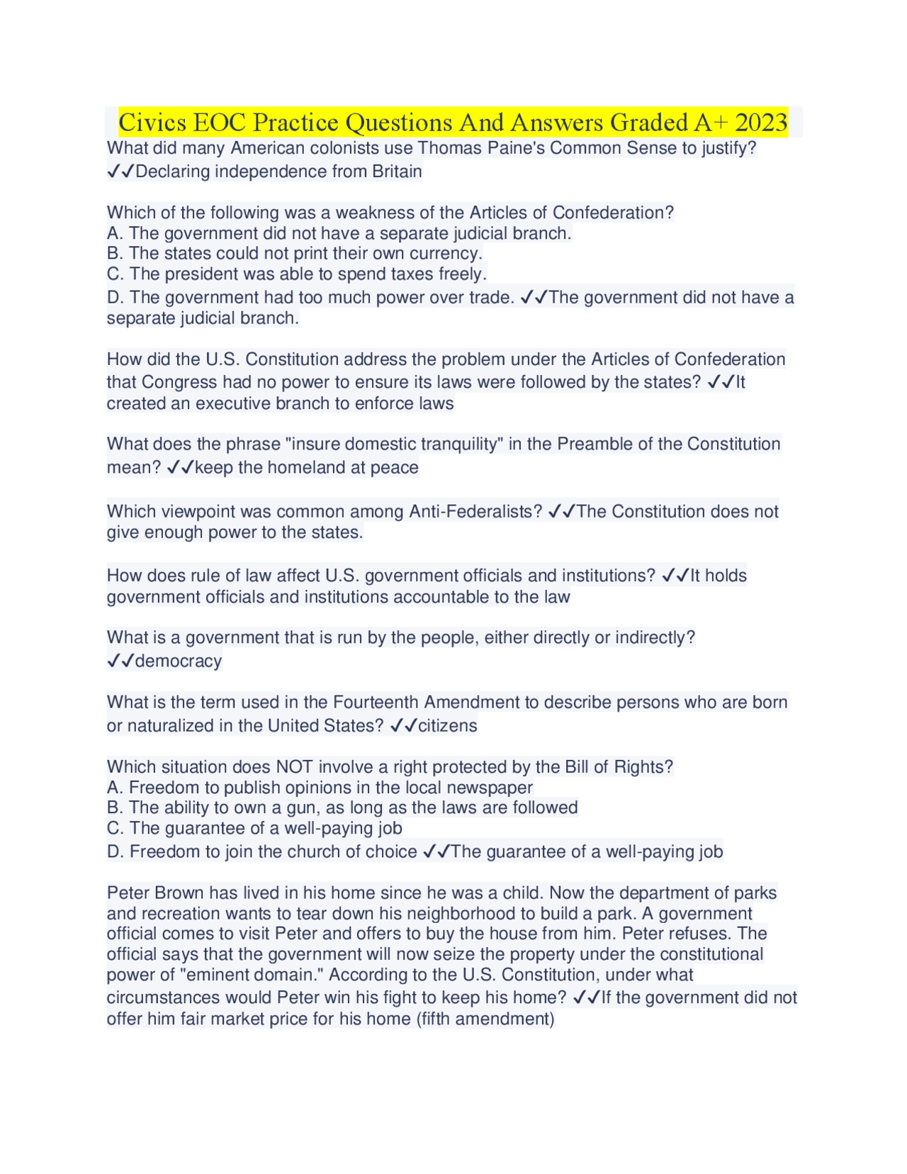 Civics EOC Practice Questions And Answers Graded A+ 2023 | Exams Law ...