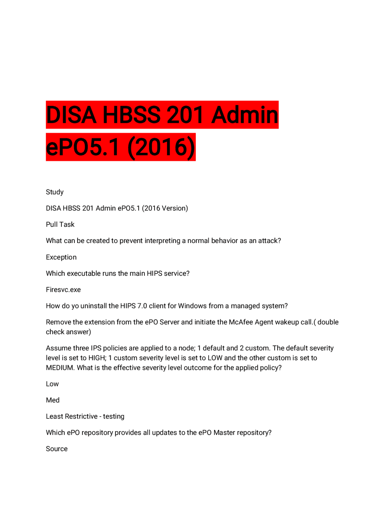 DISA HBSS 201 Admin ePO5.1 (2016) | Exams Computer Science | Docsity