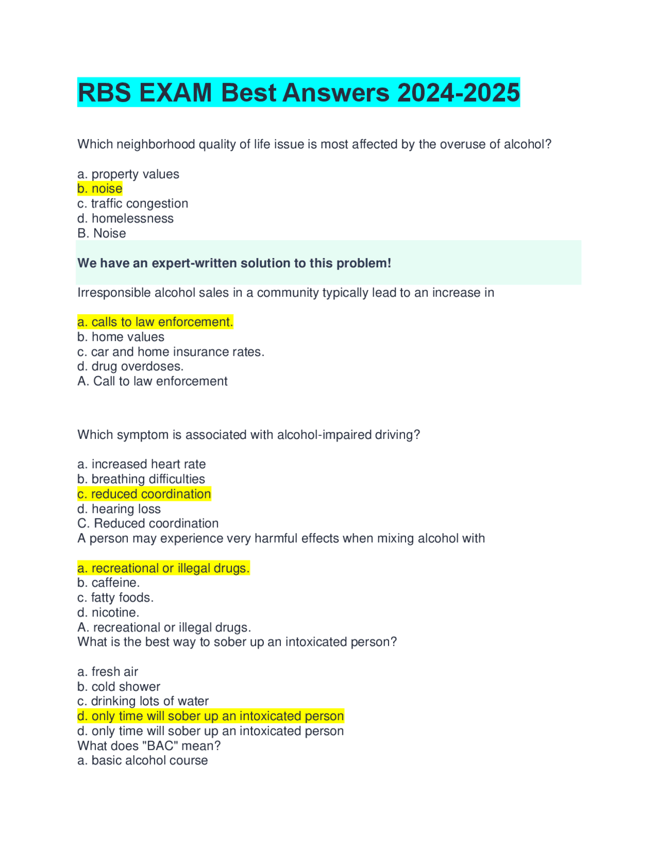 RBS EXAM Best Answers 2024-2025 | Exams Health sciences | Docsity