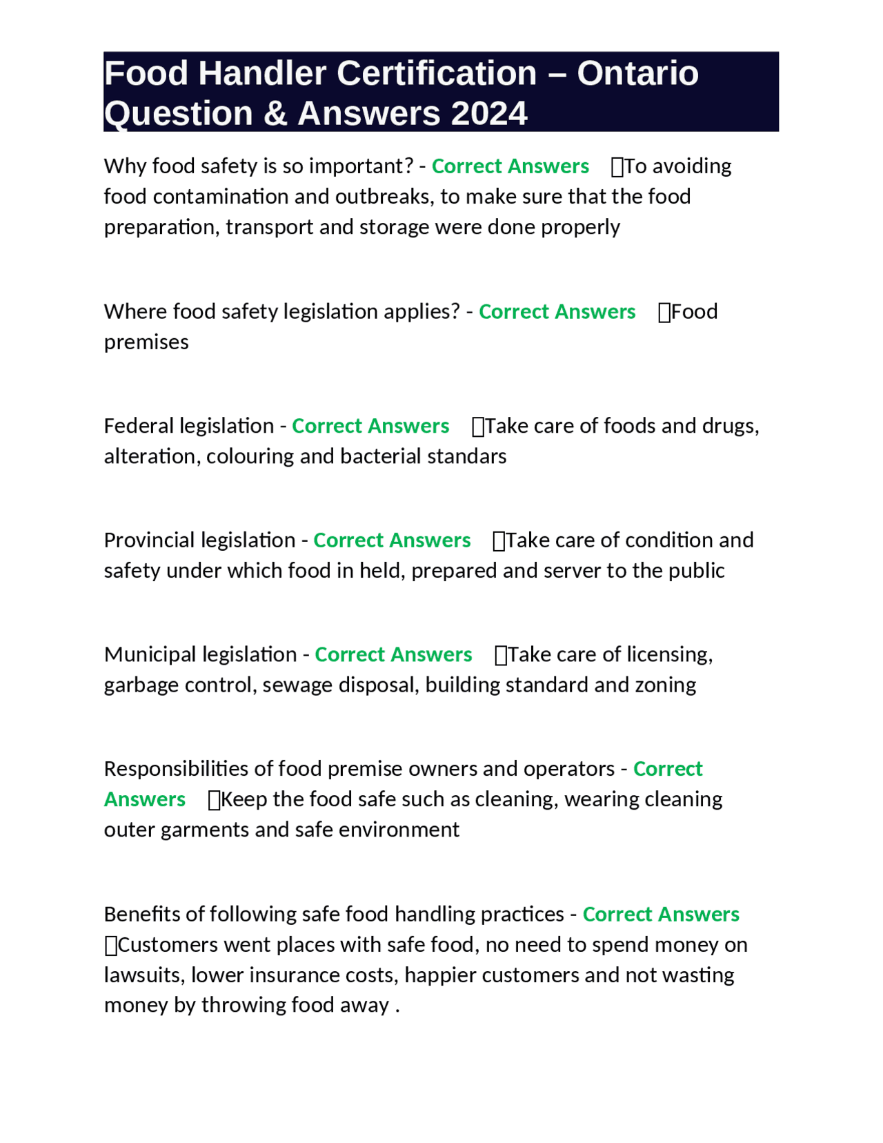 Food Handler Certification – Ontario Question & Answers 2024 | Exams ...