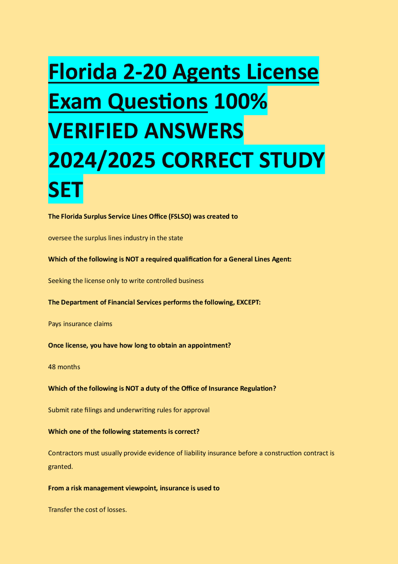 Florida 2-20 Agents License Exam Questions 100% VERIFIED ANSWERS 2024/ ...