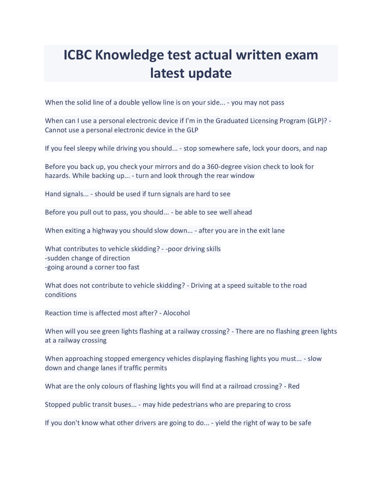 ICBC Knowledge test actual written exam latest update | Exams Advanced ...